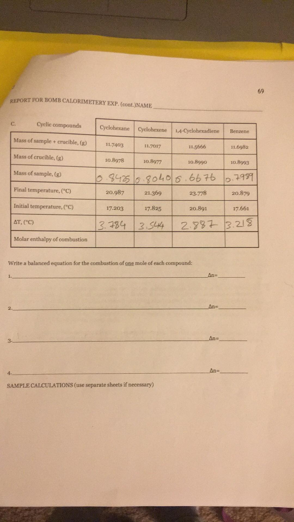 Solved QUESTIONS FOR BOMB CALORIMETRY EXP. NAME 1. What kind | Chegg.com