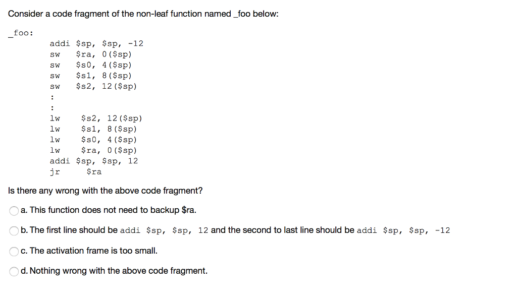 Solved Consider a code fragment of the non-leaf function | Chegg.com