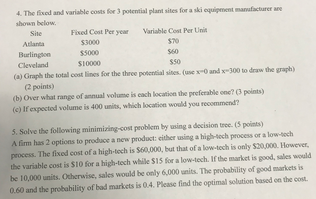 Solved 4. The fixed and variable costs for 3 potential plant | Chegg.com