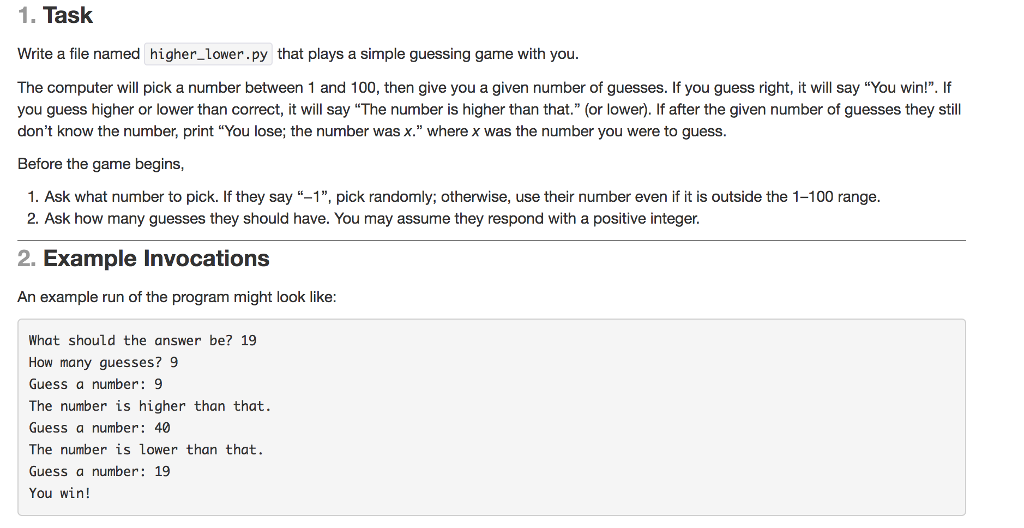 Solved 1. Task Write a file named higher_lower.py that plays | Chegg.com
