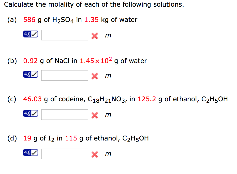 Solved Calculate the molality of each of the following | Chegg.com