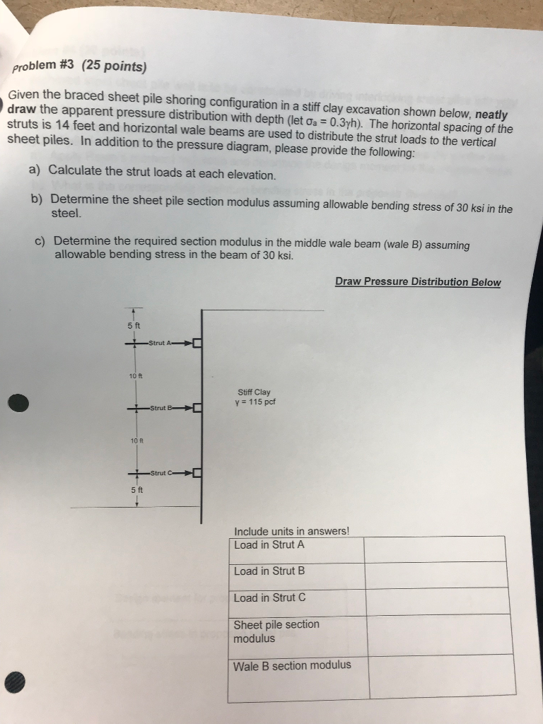 Solved problem #3 (25 points) Given the braced sheet pile | Chegg.com
