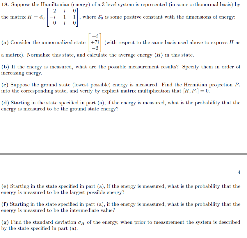 Solved 18. Suppose the Hamiltonian (energy) of a 3-level | Chegg.com