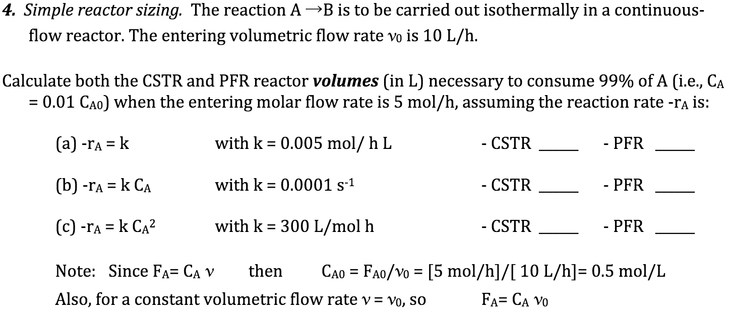 Solved Simple reactor sizing. The reaction A rightarrow B is | Chegg.com