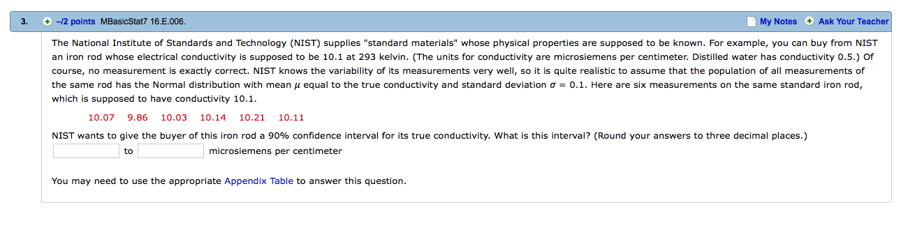 Solved 3. - -2 points MBasicStat7 16E006. My Notes Ask Your | Chegg.com