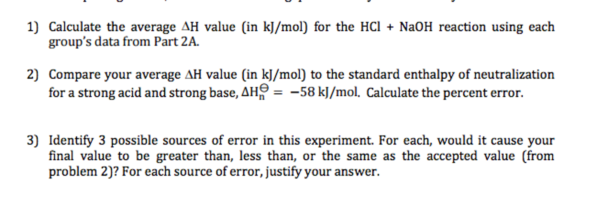1) Calculate the average AH value (in kj/mol) for the | Chegg.com
