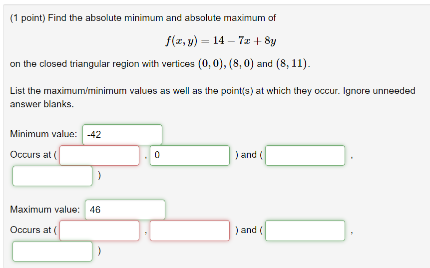 Solved 1 point) Find the absolute minimum and absolute | Chegg.com