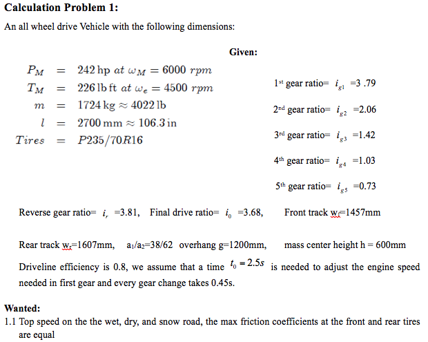Solved Calculation Problem 1: An all wheel drive Vehicle | Chegg.com