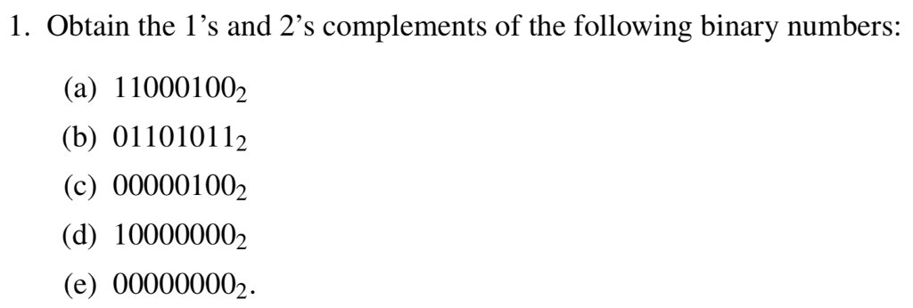 Solved 1. Obtain the 1's and 2's complements of the | Chegg.com