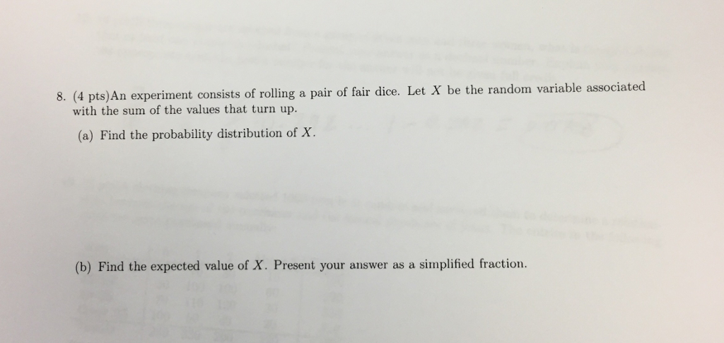 Solved 8. (4 pts) An experiment consists of rolling a pair | Chegg.com