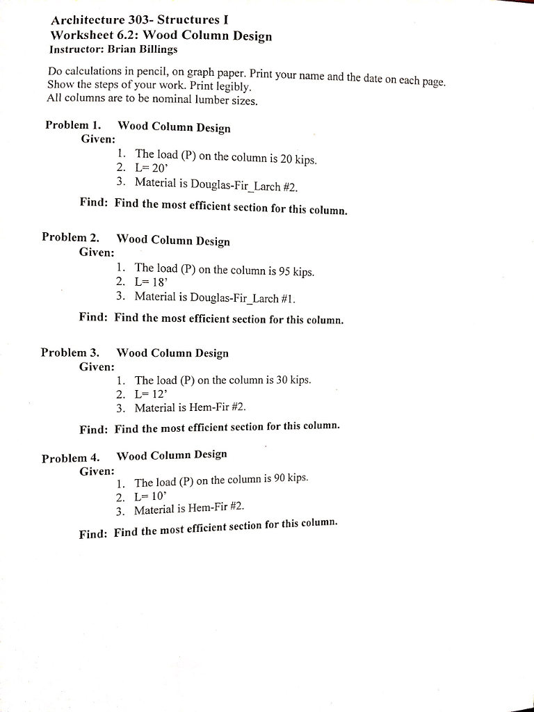 Solved Architecture 303- Structures I Worksheet 5.6: Wood | Chegg.com