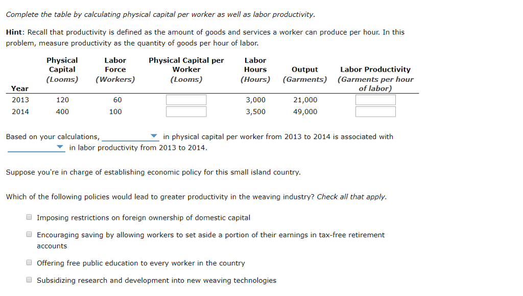 Solved Complete the table by calculating physical capital | Chegg.com