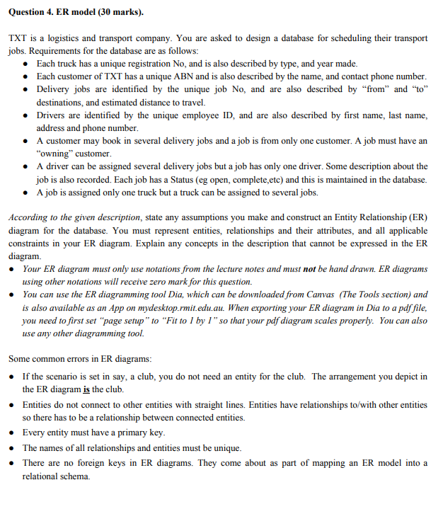 Solved Question 4. ER model (30 marks). TXT is a logistics | Chegg.com