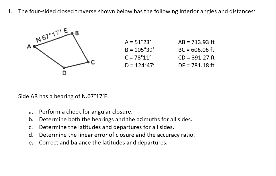 Solved 1. The four-sided closed traverse shown below has the | Chegg.com