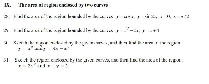 IX. The area of region enclosed by two curves 28. | Chegg.com