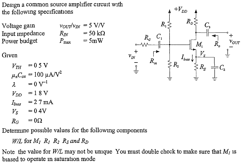 Solved Design a common source amplifier circuit with the | Chegg.com