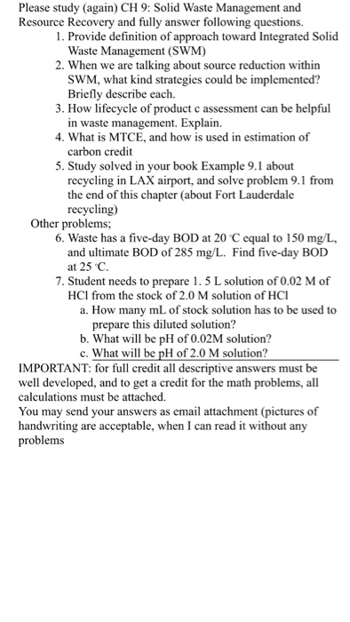 Solved Please study (again) CH 9: Solid Waste Management and | Chegg.com
