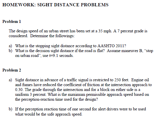 Solved HOMEWORK: SIGHT DISTANCE PROBLEMS Problem 1 The | Chegg.com