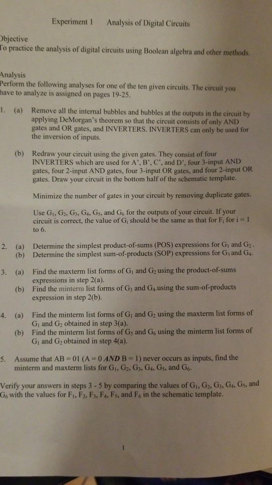 Experiment 1 Analysis of Digital Circuits Objective | Chegg.com