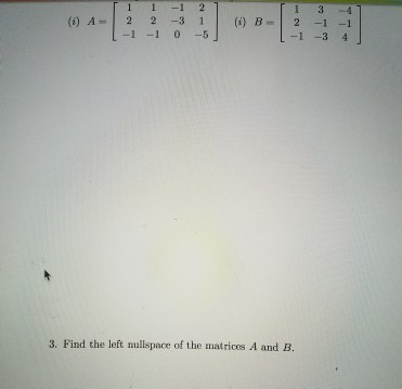 Solved A 3. Find the left nullspace of the matrices A and B. | Chegg.com