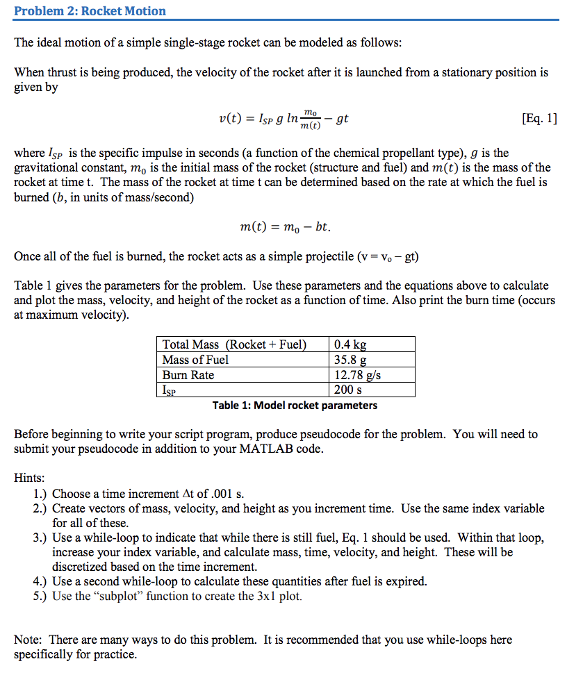 Problem 2: Rocket Motion The ideal motion of a simple | Chegg.com