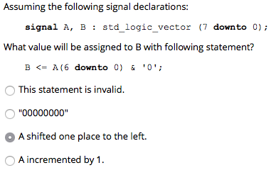 Solved Assuming the following signal declarations signal A, | Chegg.com