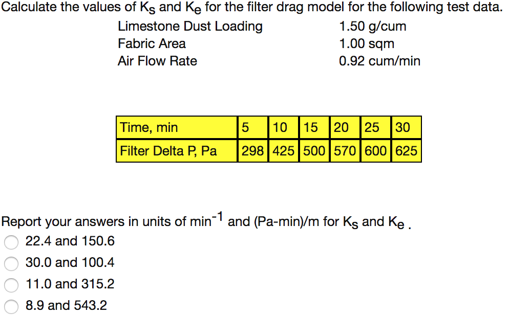 Solved Calculate the values of Ks and Ke for the filter drag | Chegg.com