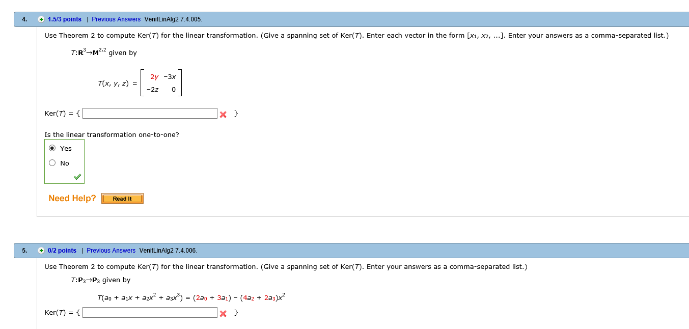 Solved Use Theorem 2 to compute Ker(T) for the linear | Chegg.com