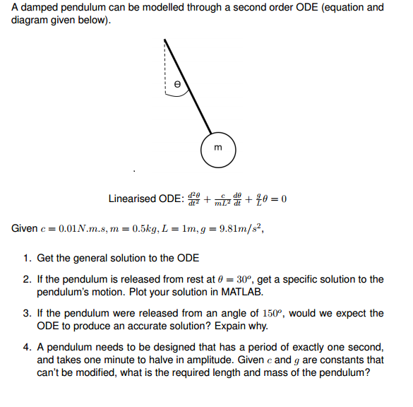 Solved A damped pendulum can be modelled through a second | Chegg.com