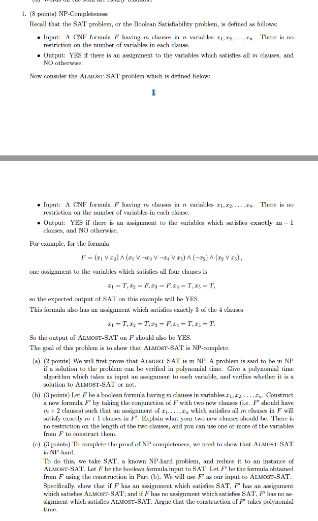 1. (8 points) NP-Completeness Recall that the SAT | Chegg.com