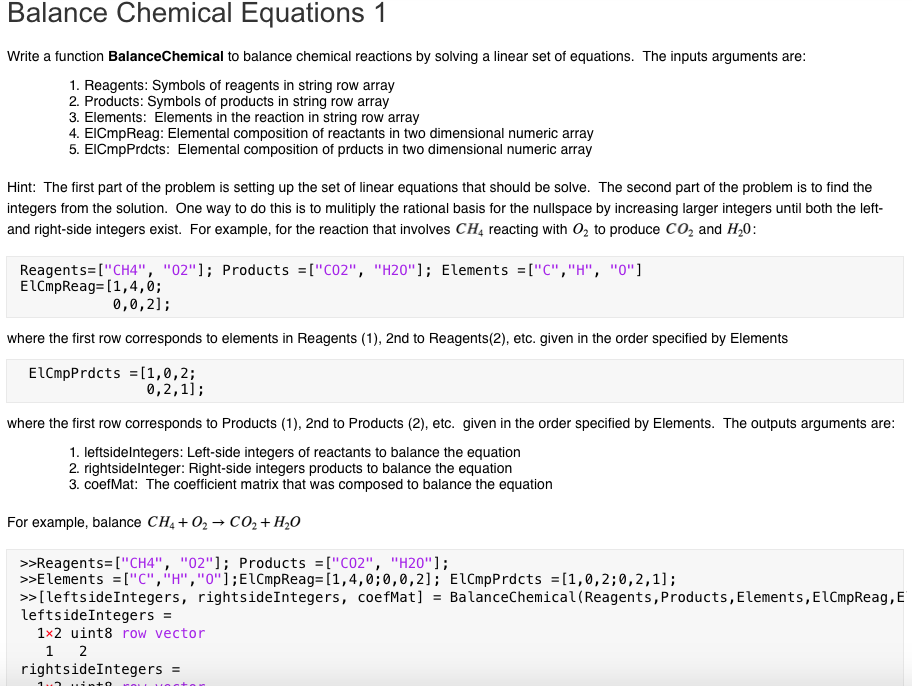 Solved Balance Chemical Equations 1 Write a function | Chegg.com