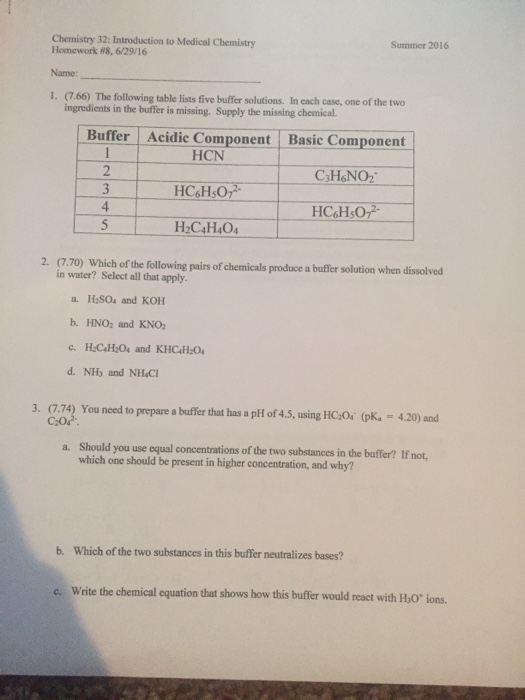 Solved The following table lists live buffer solutions. In | Chegg.com