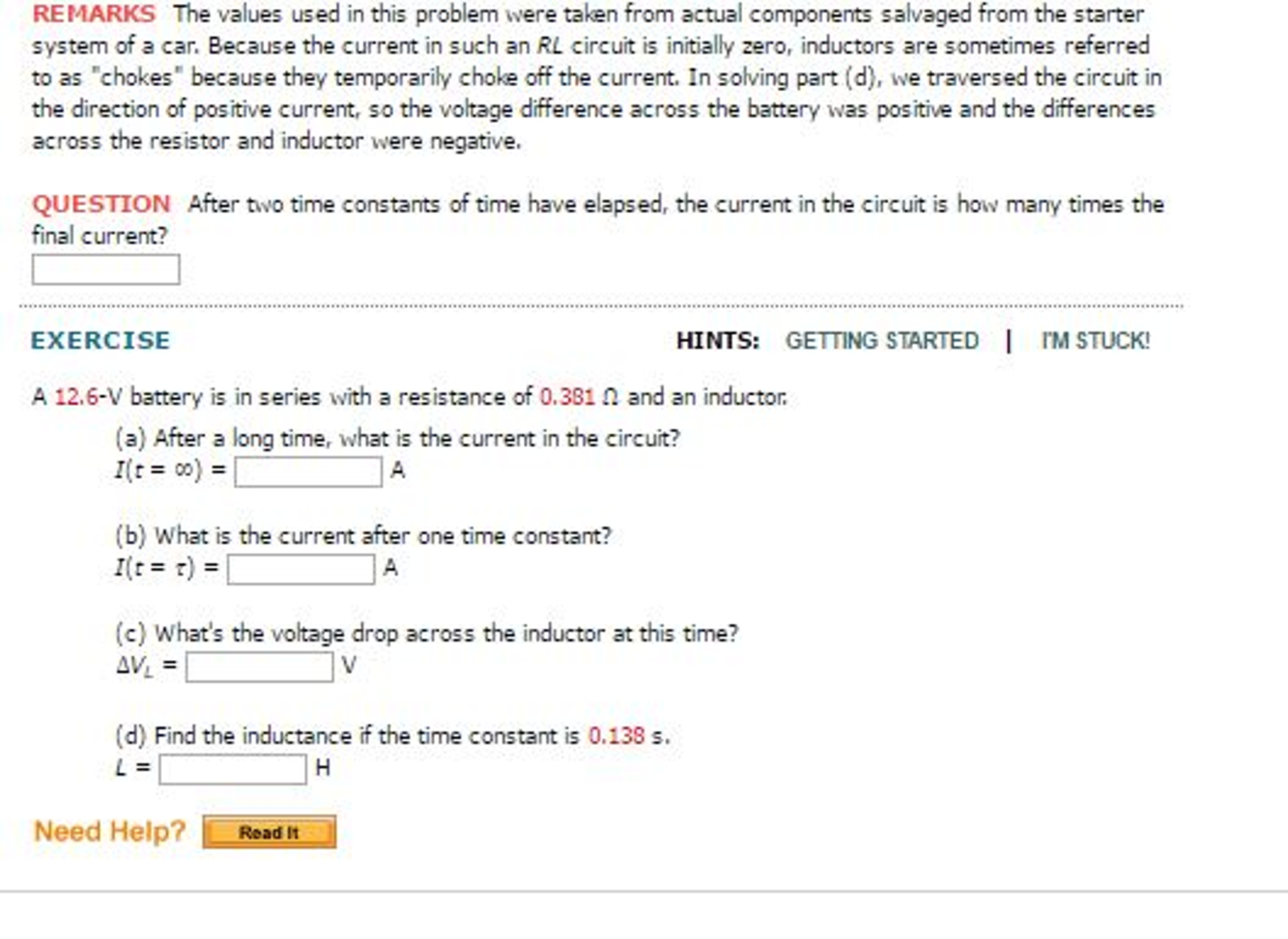 Solved After two time constants of time have elapsed, the | Chegg.com