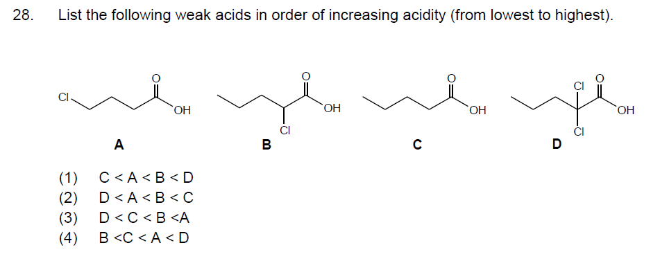 Solved 28. List the following weak acids in order of | Chegg.com