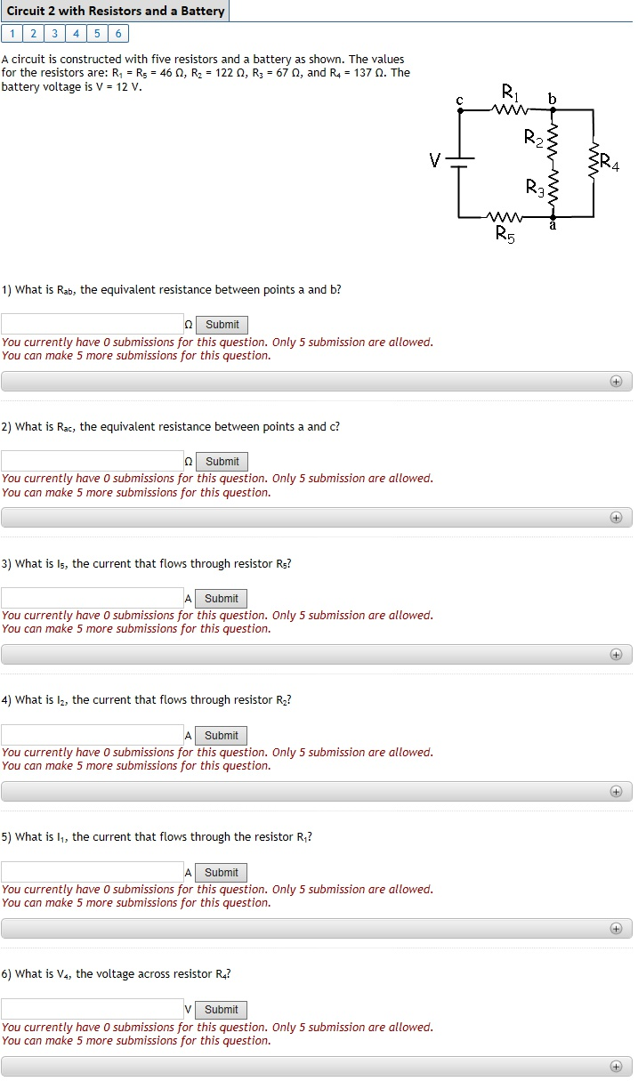 Solved Circuit 2 with Resistors and a Battery 123 45 6 A | Chegg.com