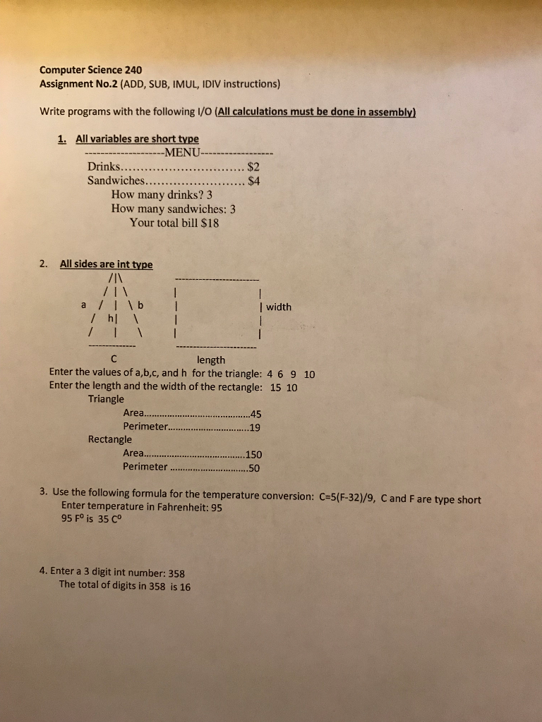Computer Science 240 Assignment No.2 (ADD, SUB, IMUL, | Chegg.com