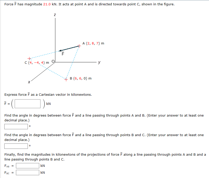 Solved Force F Has Magnitude 21 0 Kn It Acts At Point A And