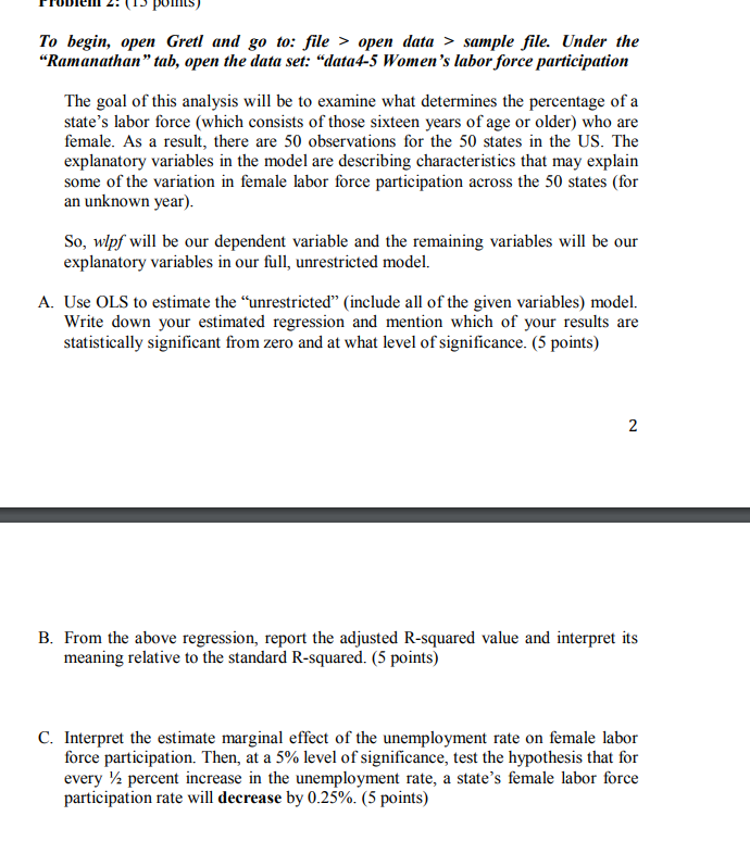 gretl File Iools Data View Add Sample Variable Model | Chegg.com
