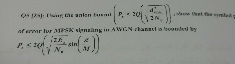 Solved Q5 [25]: Using the union bound P, s 20 min 2N of | Chegg.com