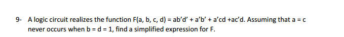 Solved A logic circuit realizes the function F(a, b, c, d) = | Chegg.com