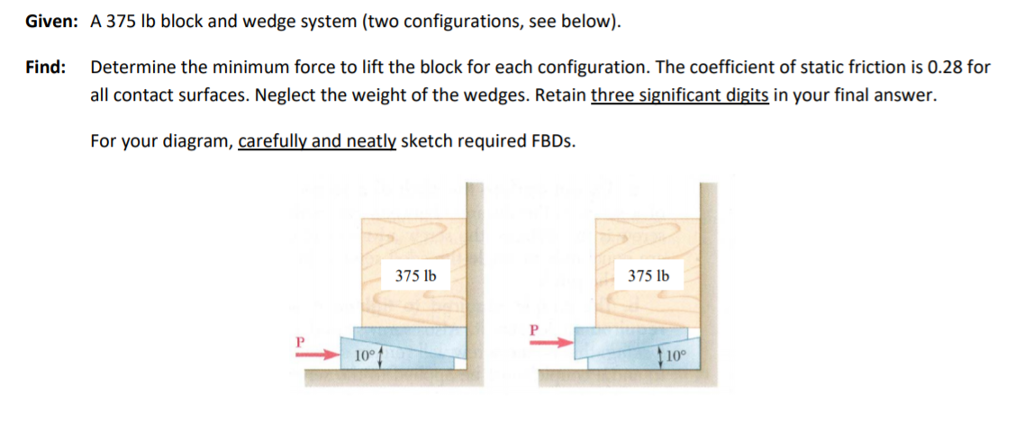 Solved Given: A 375 lb block and wedge system (two | Chegg.com