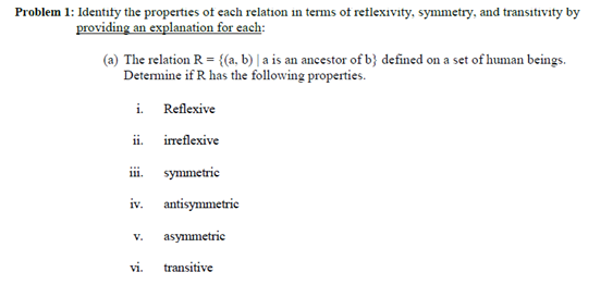 Solved Identity the properties of each relation in terms of | Chegg.com