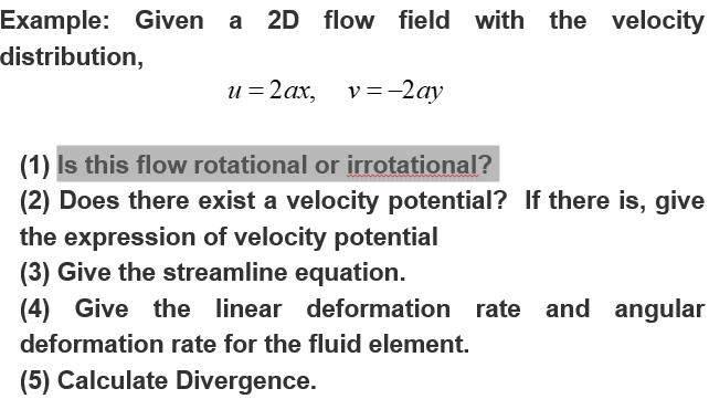 Solved Example: Given a 2D flow field with the velocity | Chegg.com