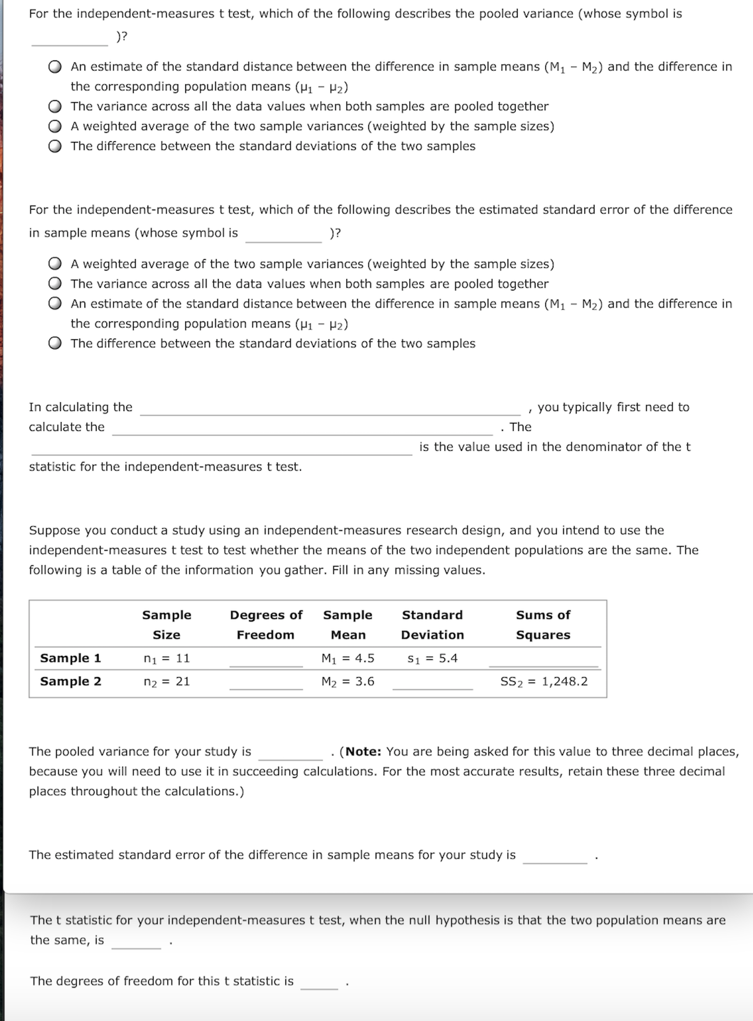 Solved For the independent-measures t test, which of the | Chegg.com