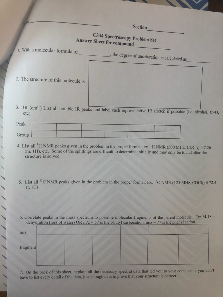 Solved Section C344 Spectroscopy Problem Set Answer Sheet | Chegg.com