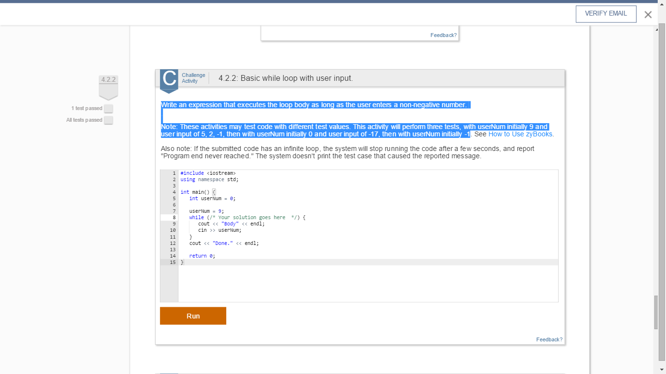 Solved 1 test passed All tests passed 0% Write a while loop | Chegg.com