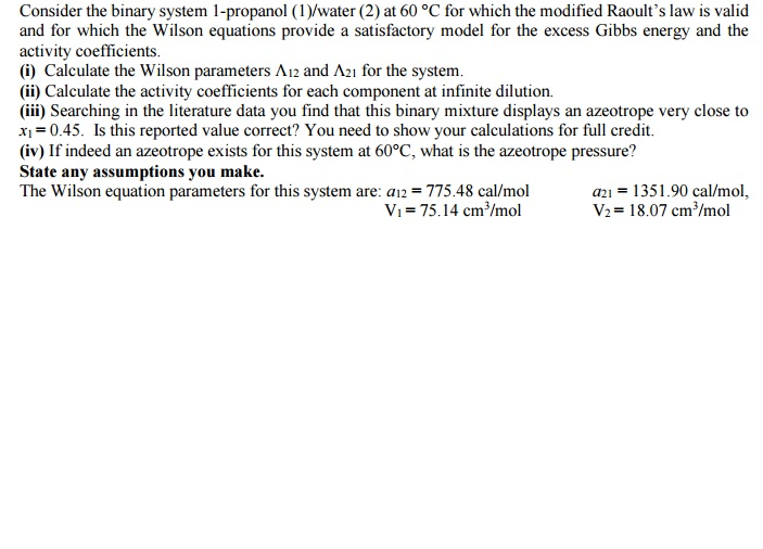 Consider the binary system l-propanol (1)/water (2) | Chegg.com