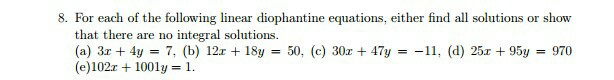 Solved For each of the following linear diophantine | Chegg.com