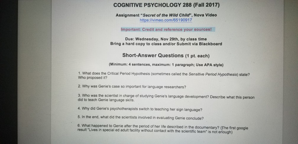 Solved COGNITIVE PSYCHOLOGY 288 (Fall 2017) Assignment | Chegg.com