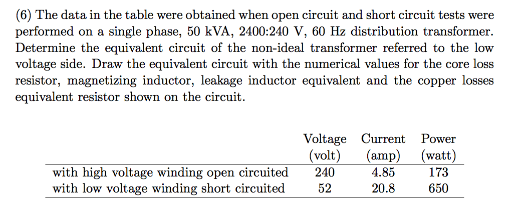 Solved The data in the table were obtained when open circuit | Chegg.com